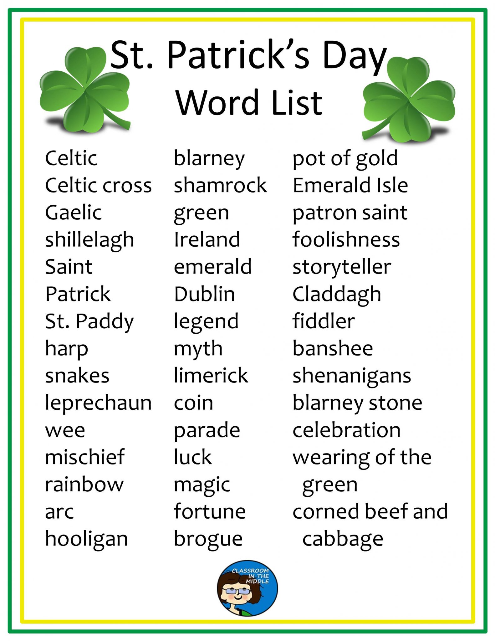 Saint Patrick’s Day Word List