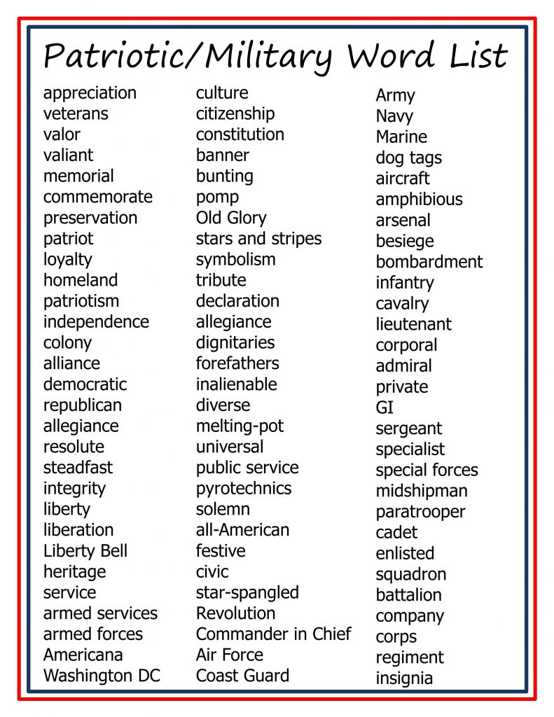Memorial Day Word List