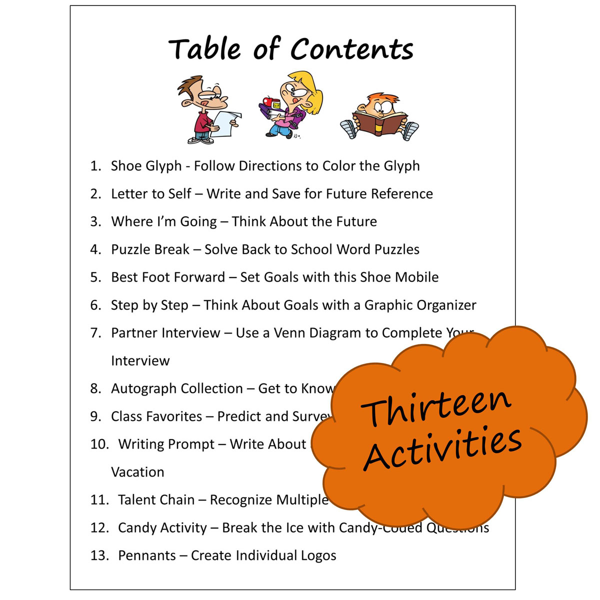This is the table of contents from my back-to-school activity set , and ...