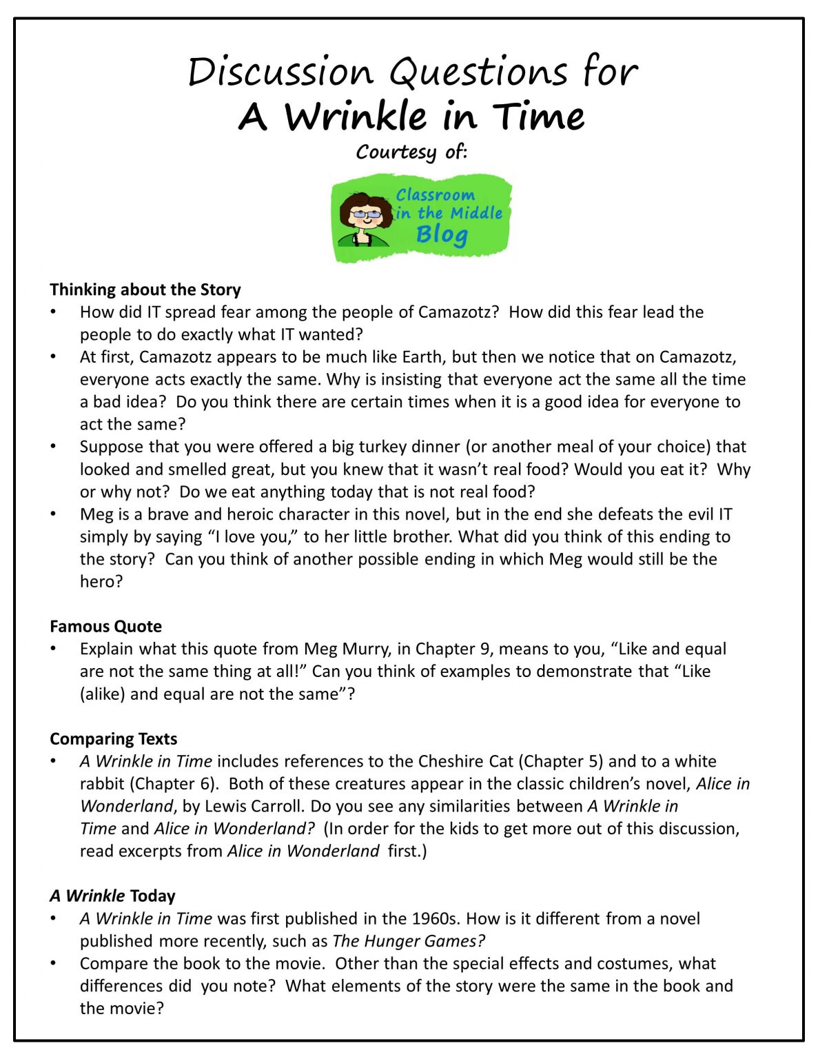 Classroom Discussion Questions for A Wrinkle in Time