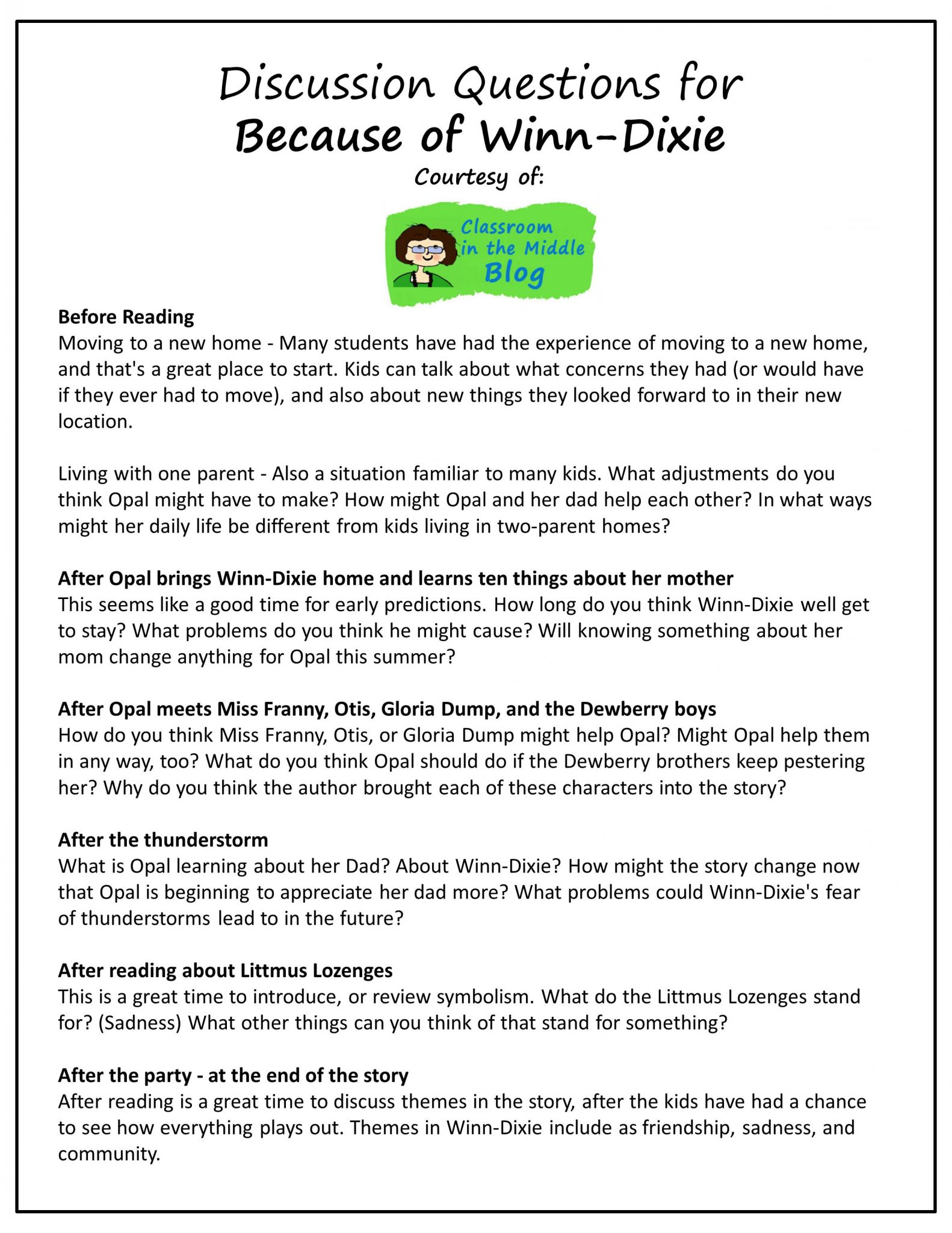 Discussion Questions for Because of Winn-Dixie